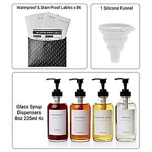 Jweltz Coffee Syrup Dispenser - 4-Pack Glass Pump Bottles with 86 Coffee Syrup Labels - Clear Sleek Coffee Bar Accessories, Kitchen Decor for Counter & Housewarming Gift - 8oz. (Black)