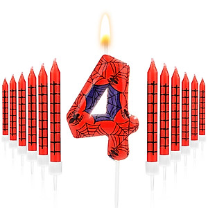 12pcs Spider Web Printed Candles & 1pc Number Candle, Red Blue Spider Themed Birthday Candle Spider Candles Spider Birthday Decorations for Boys Girls Cake Decor (Number 4)