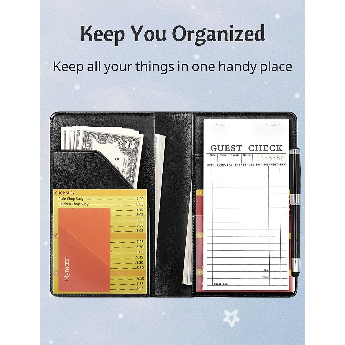 Glitter Black Server Book for Waitress Book Server Wallet Waiter Book Cute Bling Waitstaff Organizer Fit Waitress Apron (Glitter Black)