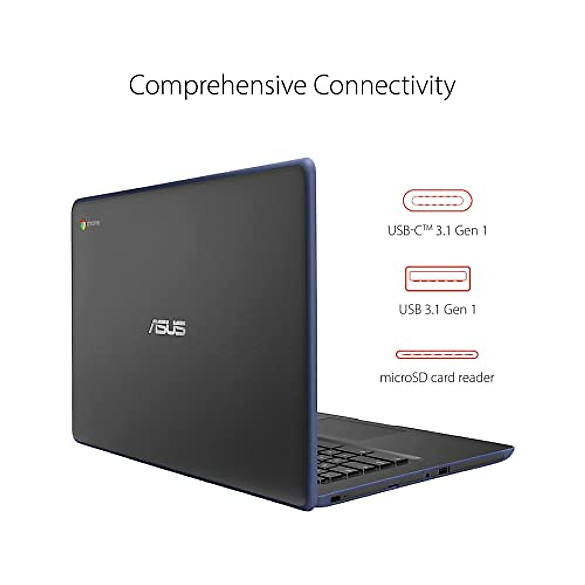ASUS 2022 C403 Chromebook 14" HD Laptop, Intel Celeron N3350 Processor, 4GB RAM, 32GB eMMC Flash Memory, Intel HD Graphics 500, HD Webcam, Stereo Speakers, Chrome OS, Dark Blue, 128GB USB Card