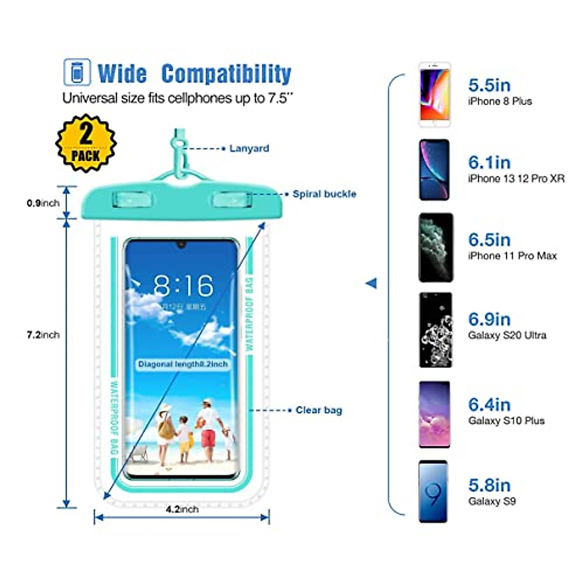 Nothers Clear Universal Waterproof Cellphone Pouch Case,Phone Dry Bag, Lanyard, iPhone 13 12 Pro 11 Pro Max XS XR X 8 7 6SGalaxy S21 20Ultra S10 Note10 9,Up 7.5,2 Pack（Blue+Black）, 21*11.5*1.3cm