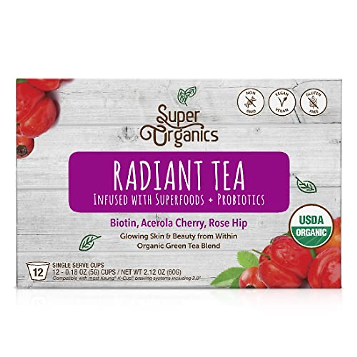 Super Organics Beauty Boost Green Tea Pods With Superfoods & Probiotics | Keurig K-Cup Compatible | Beauty Tea, Skin Care Tea | USDA Certified Organic, Vegan, Non-GMO Natural & Delicious Tea, 12ct