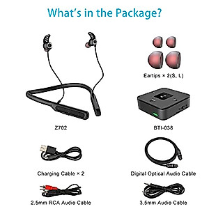 Friencity 2023 Upgraded Wireless Headphones Earbuds for TV Watching, Bluetooth V5.0 Transmitter (Optical AUX RCA) Set w/Neckband Earphones for Seniors, Plug & Play, Volume Control, No Lip-Sync Delay