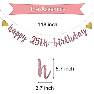 XIAOLUOLY Rose Gold Glitter Banner,Pre-Strung,25th Birthday Party Decorations Bunting Sign Backdrops,Happy 25th Birthday