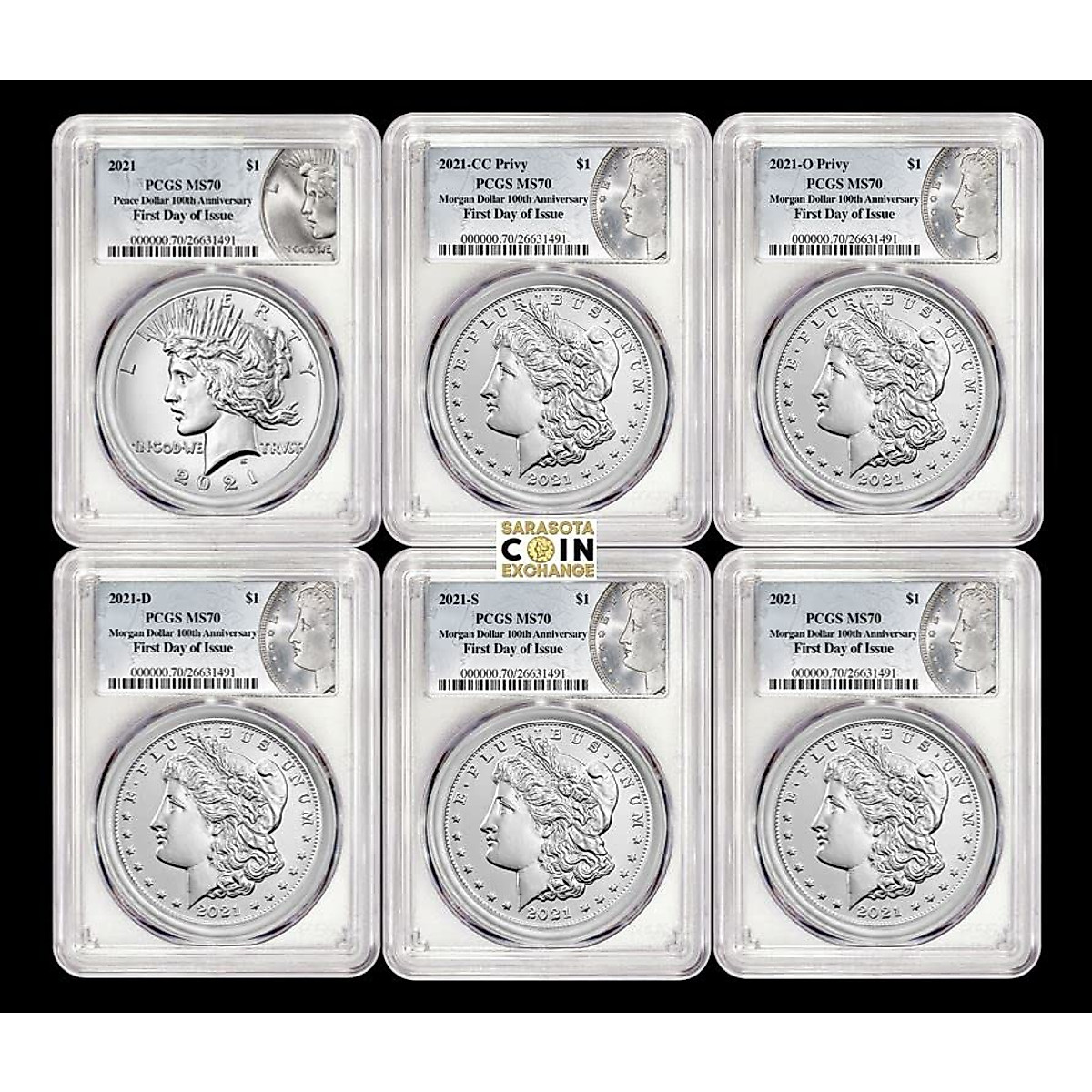 2021 Various Mint Marks 2021 Silver Morgan Dollars and Peace Dollar 100th Anniversary Various Mint Marks $1 $1 PCGS MS70