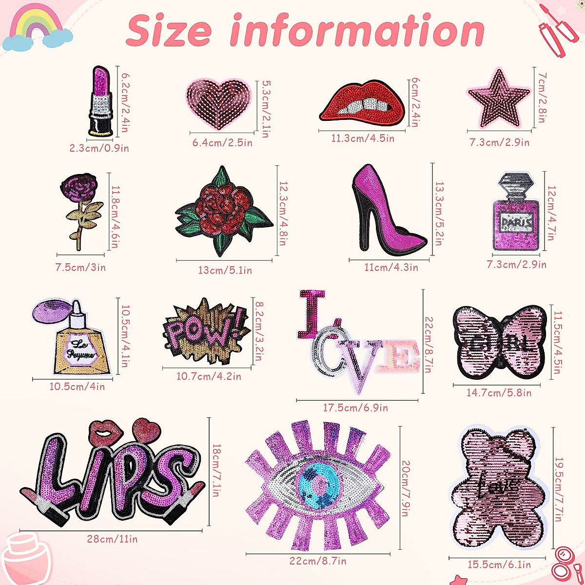 Ysleen 16 Pieces Purple Sequin Iron on Patches DIY Embroidered Patch Sequin Applique Lip Lipstick Patch Decoration Clothing Jeans Bag Sew on Repair for Woman Girl Garment Bag Shoes Caps Decor