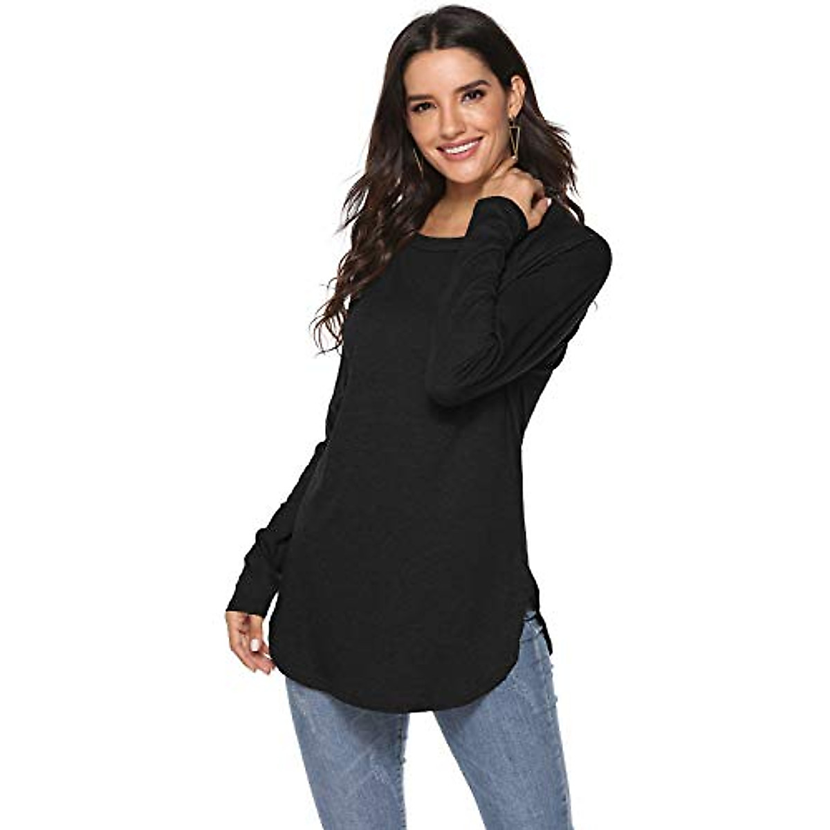 Newchoice Womens Fall Clothes,Raglan Long Sleeve T Shirts Curve Hem Flare Tunic Tops (L,Black)