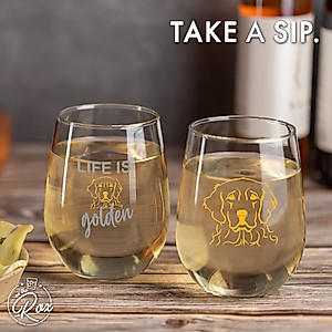 On The Rox Drinks Golden Retriever Gifts for Dog Lovers - Life Is Golden 15 oz Stemless Wine Glass Set of 2 - Cute Dog Face Glasses for Women - Funny Tumbler, Cup for Pet Lovers