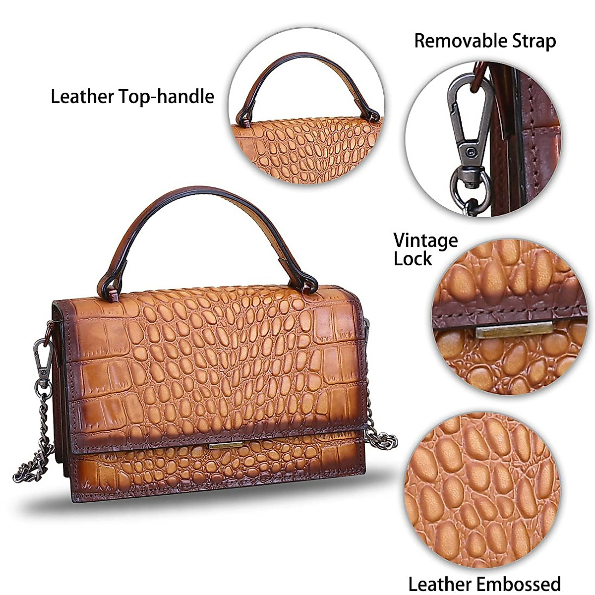 Genuine Leather Handbags for Women Retro Handmade Small Satchel Purse Luxury Top Handle Real Leather Embossed Design Crossbody Bag (Brown)