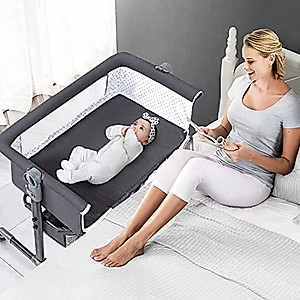 GoFirst Bedside Bassinet for Baby, Bedside Sleeper with Wheels, Heigt Adjustable, with Mosquito Nets, Large Storage Bag, for Infant/Baby/Newborn (Grey)