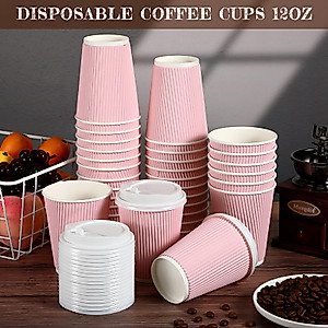 Tioncy 100 Pcs Disposable Coffee Cups with Lids Paper Cups Corrugated Ripple Wall Insulated Hot Cups with Lids for Coffee Juice Dinks Home Office Restaurant Cafe Coffee Bar Supplies (Pink,12 oz)