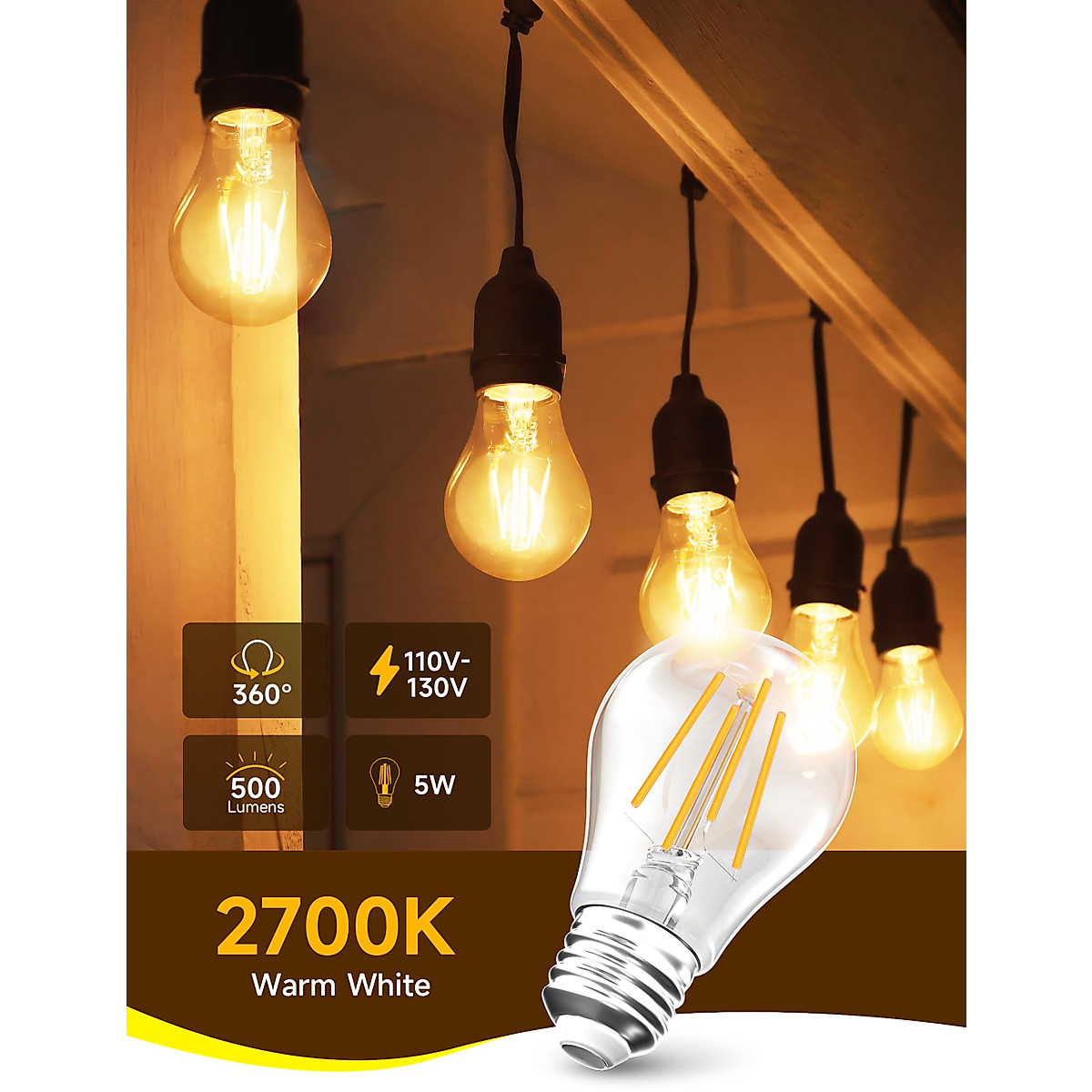 UNILAMP A15 Dimmable LED Light Bulbs, E26 Edison Light Bulb 40 Watt Equivalent, 5W LED Filament Light Bulb, Warm White 2700K, 500LM Ceiling Fan Light Bulbs for Vintage Appliance Bulb, 4 Pack