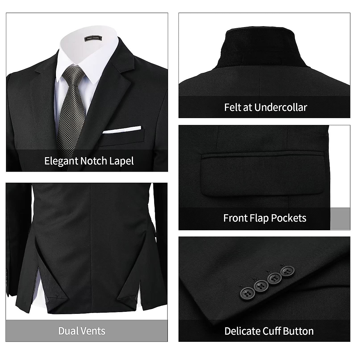 WEEN CHARM Men's Suits Slim Fit,3 Piece Suit for Men,2 Button Blazer Jacket Vest Pants with Tie,Men Tuxedo Suit Set Black