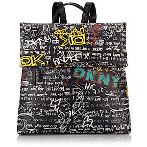 DKNY Women's Multipurpose Fashion Backpack, Black Iconic Graffiti Tilly, One Size