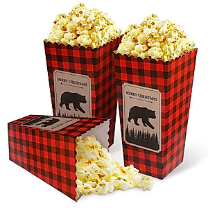 Whaline 30Pcs Christmas Popcorn Boxes Brown Bear Printed Paper Popcorn Buckets Red Black Plaid Popcorn Containers Christmas Party Favor Popcorn Treat Box for Xmas Movie Party Theater Night Supplies