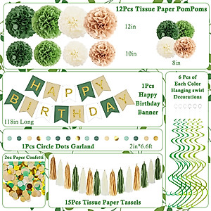 Green Birthday Decorations, Tissue Paper Pom Poms, Happy Birthday Banner, Paper Tassel, Circle Garland, Paper Confetti & Hanging Swirl for Party Decoration