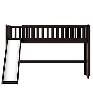 Low Loft Bed, Twin Size Low Loft Bed with Slide, Wood Twin Low Loft Bed Frame with Guardrails and Side Ladder for Kids Boys Girls Teens, No Box Spring Needed, Easy Assembly, Espresso