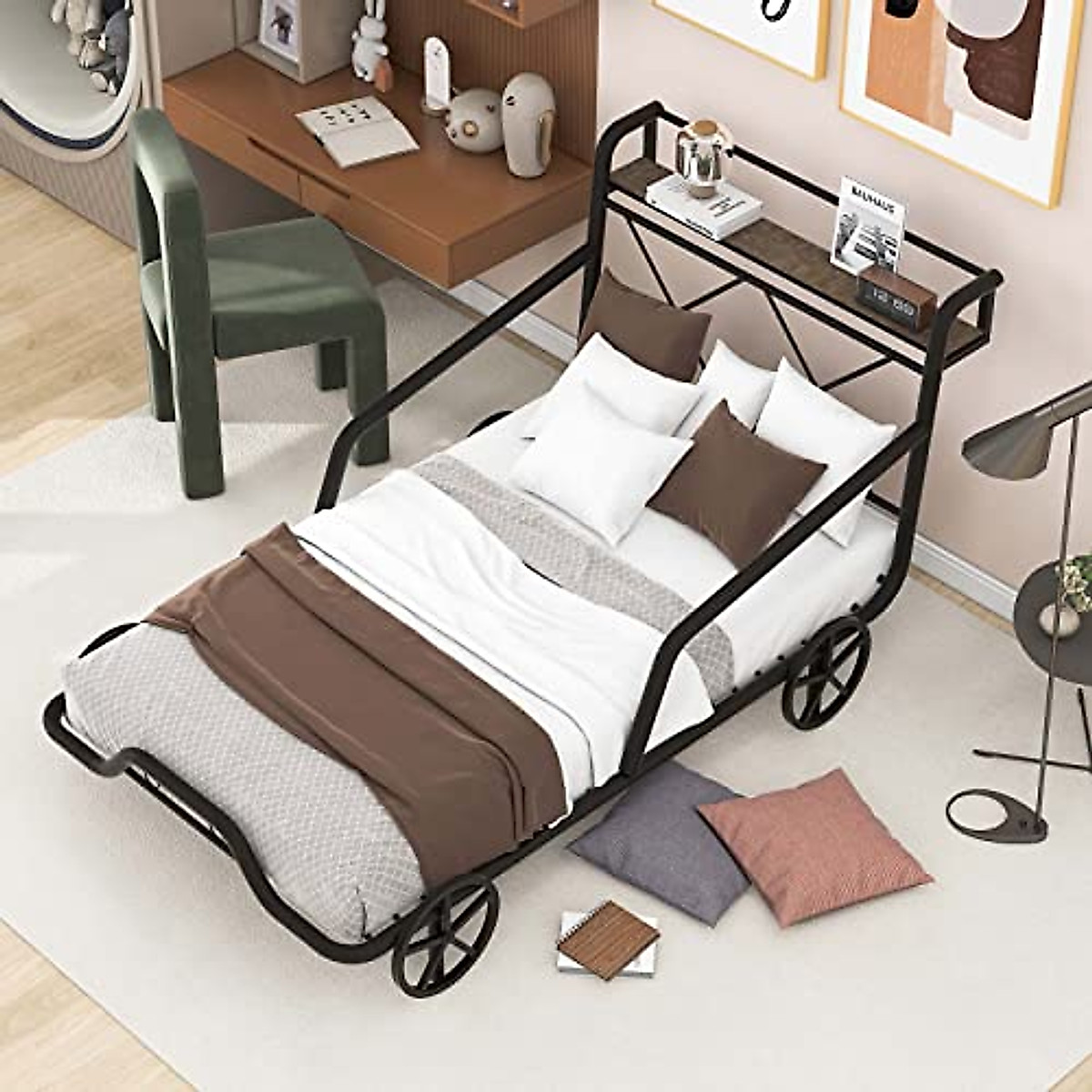 Twin Size Metal Platform Bed Frame with 4 Wheels and Storage Shelf, Car-Shaped Metal Bed with for Kids Teens Boys Girls, No Box Spring Needed, Under Bed Storage (Black)