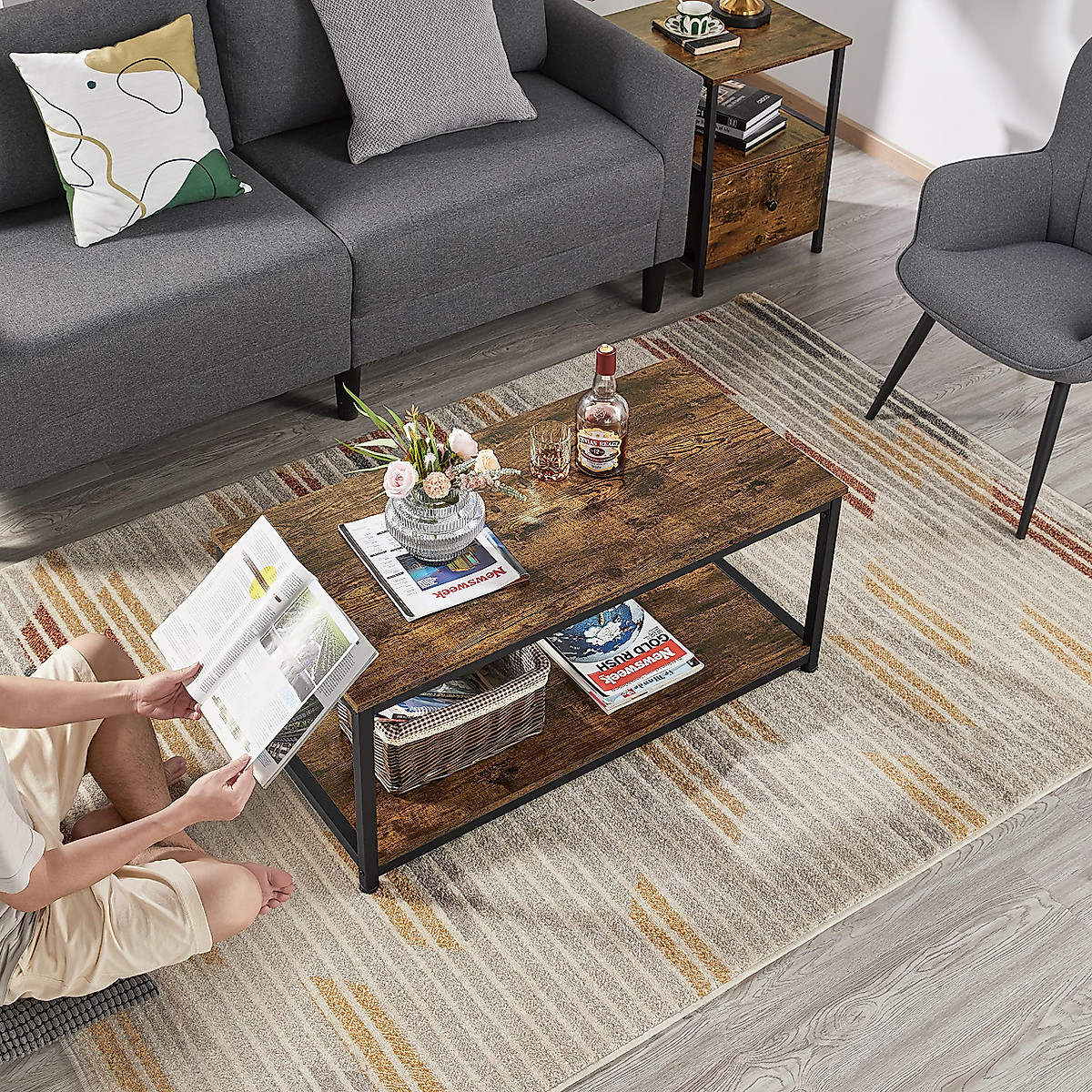 Yaheetech 2-Tier Coffee Table, Industrial Wood Coffee Table with Storage Shelf for Living Room, Rectangle Side End Table with Metal Frame, Rustic Brown