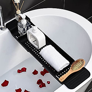 Bathtub Caddy Tray, Bathtub Accessories with Draining Design Breathable Without Moisture, Stable Placement, Can Hold Variety of Items, Expandable Plastic Bath Shelf (Black)