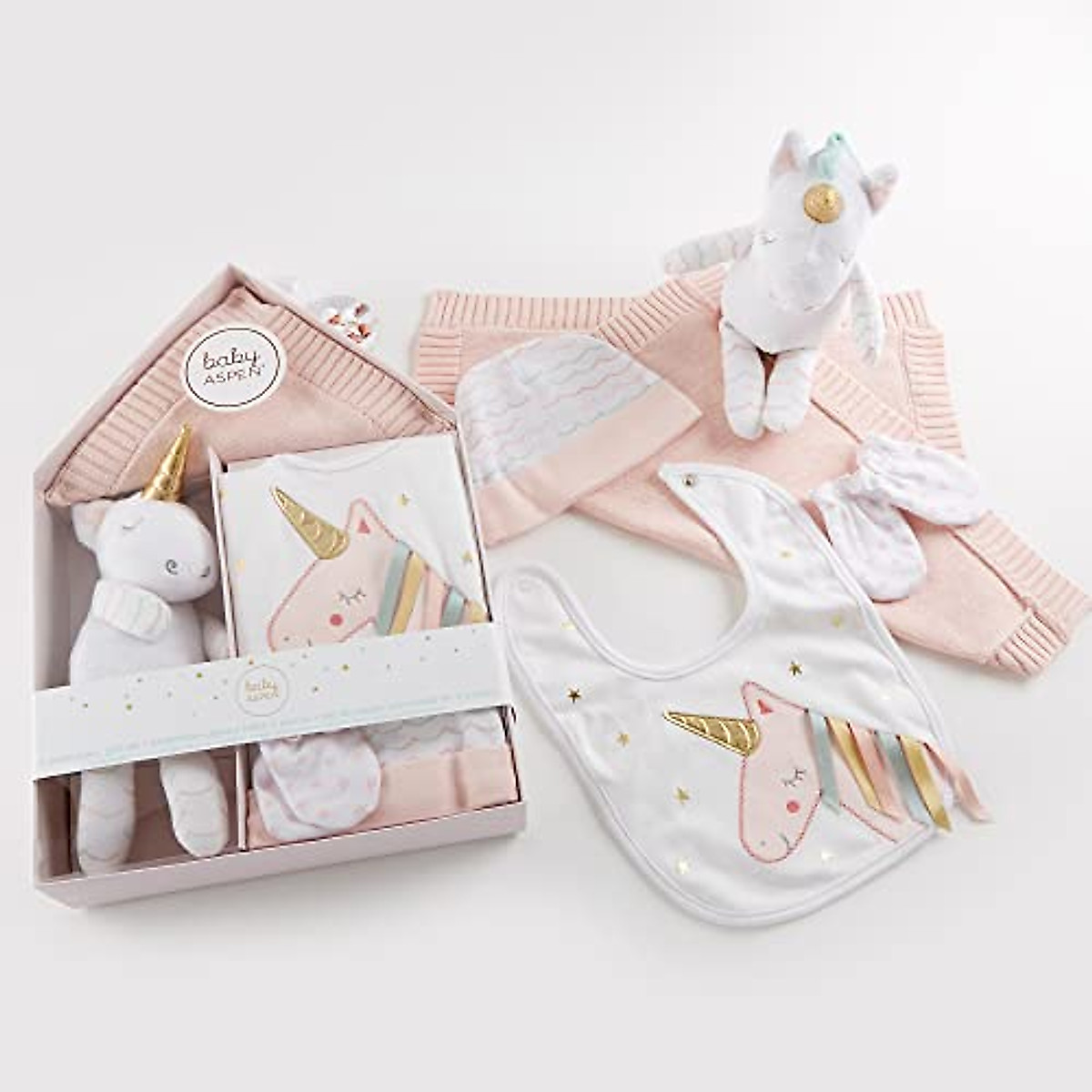 Baby Aspen Simply Enchanted Unicorn 5-Piece Welcome Home Gift Set, Light & Dark Pink/White/Aqua/Gold