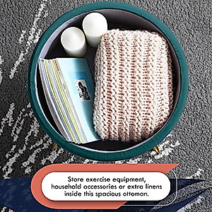 Ornavo Home Modern Round Velvet Storage Ottoman Foot Rest Vanity Stool/Seat with Gold Metal Legs & Tray Top Coffee Table - Teal