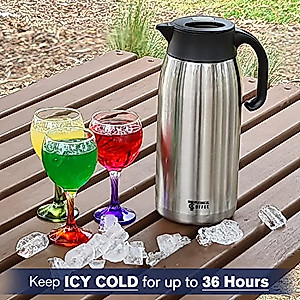 Coffee carafe & Tea carafe in one. 68oz 12hr heat retention ideal for coffee carafes for keeping hot, 24hr cold retention. Thermal Stainless Steel double walled insulated carafe. Infuser & Brush Incld