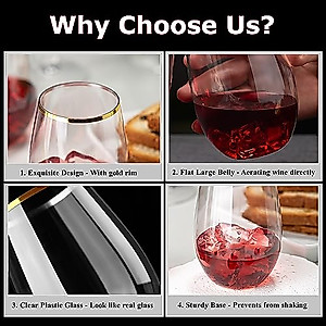 ROIMEE VONT 20 Pack 16oz Plastic Stemless Wine Glasses Disposable Heavy Duty Unbreakable Clear Plastic Wine Glasses Recyclable Shatterproof Reusable Plastic Red/White Wine Cups for Parties Weddings