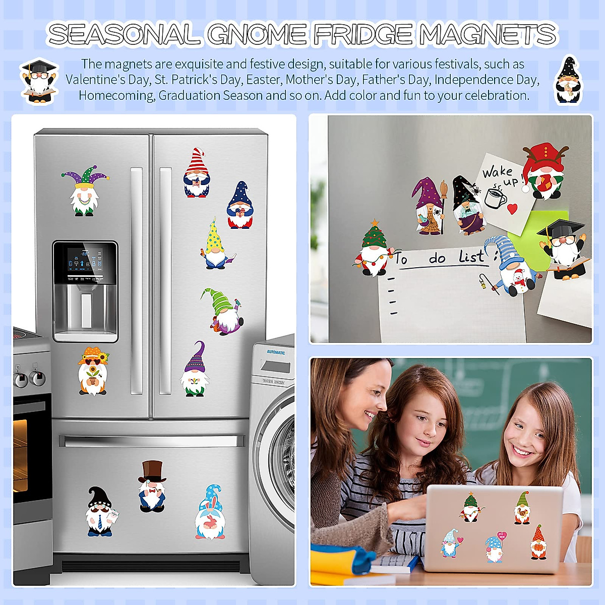 Xuhal 27 Pcs Holiday Magnets Seasonal Gnome Fridge Magnet Easter Patriotic Gnome Locker Decorations Graduation Kitchen Magnets for Refrigerator Magnetic Gnome Stickers for Garage Door Dishwasher Car