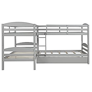 Quad Bunk Bed with Trundle L-Shape Bunk Bed Twin Over Twin Corner Bunk Bed for 4 or 5 Kids Boys Girls Teens, Gray