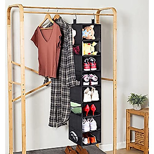 AOODA 8-Shelf Hanging Shoe Rack for Closet Organizer with 8 Mesh Side Pockets Wide Hanging Shoe Storage Holder For Hat, Clothes, Handbag, Black