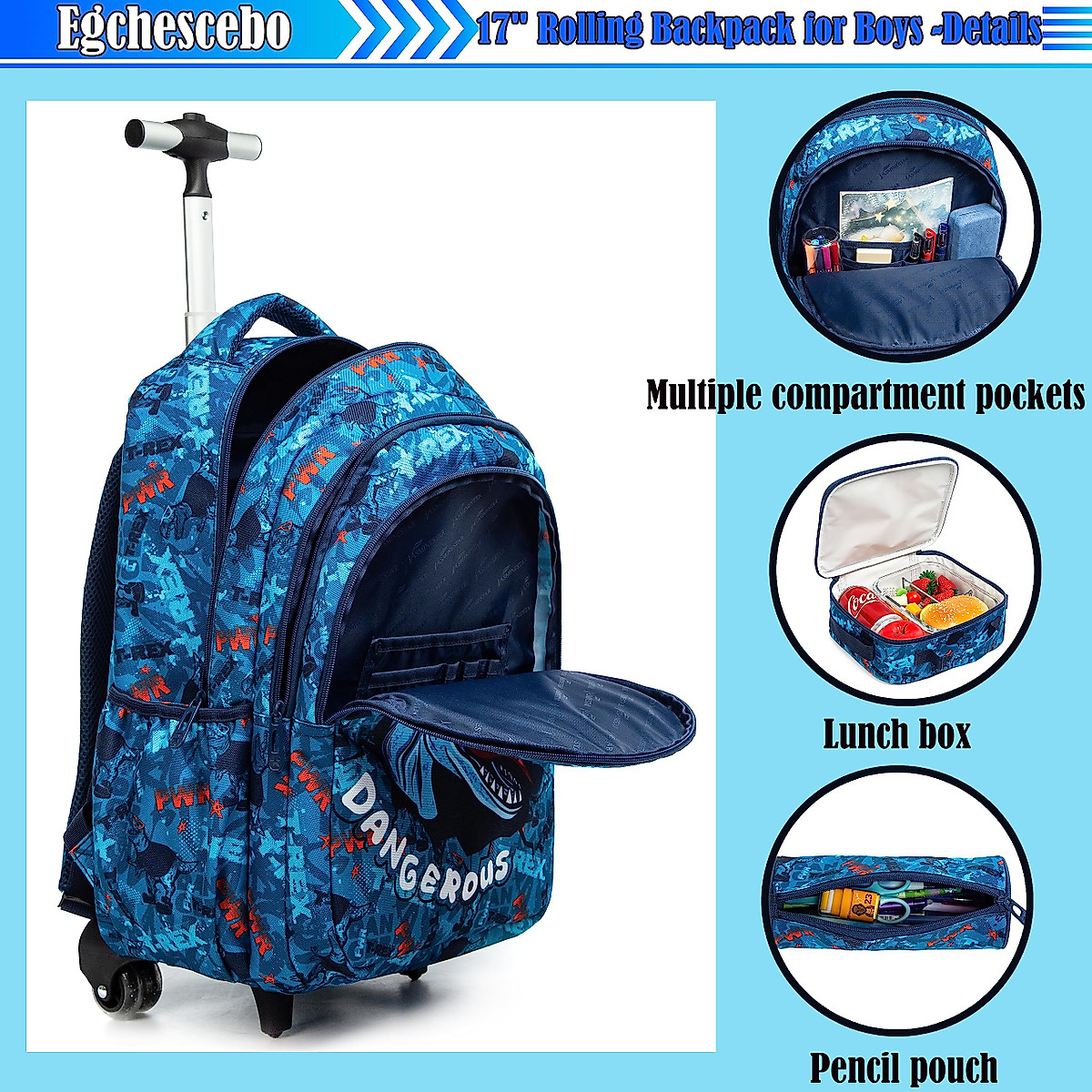Egchescebo Boys Rolling Backpacks Kids Backpack with Wheels for School Bags Luggage With Wheels Trolley Wheeled Backpacks 3PCS 16“ Dinosaur Travel Bags Boys With Lunch Box Blue