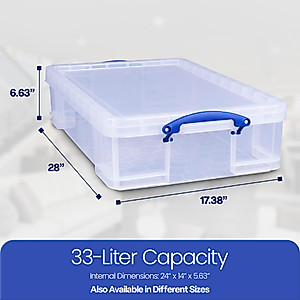 Really Useful Box 33 Liter Plastic Stackable Storage Container with Snap Lid & Built-In Clip Lock Handles for Home or Office Organization, Clear