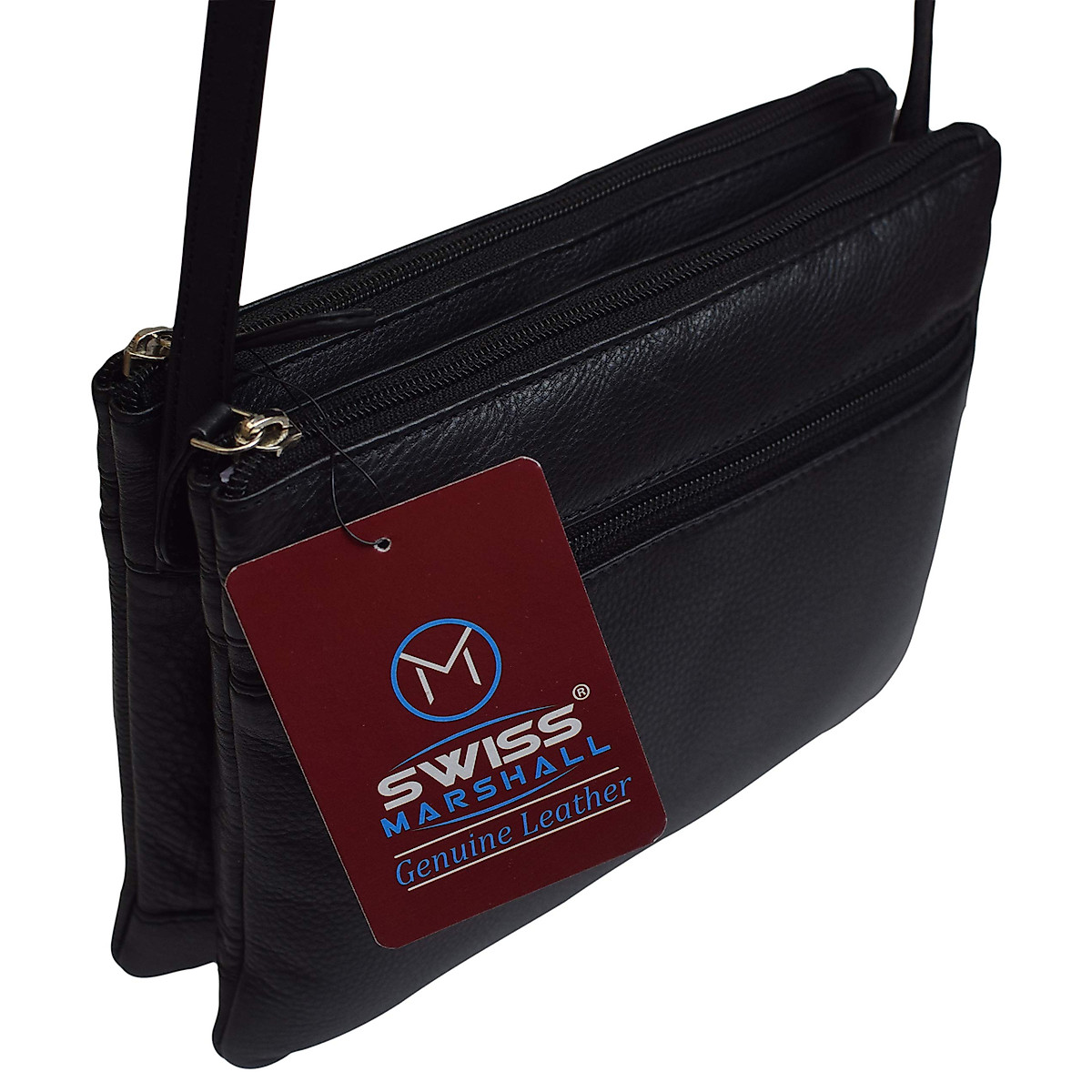 Swiss Marshal Genuine Leather Womens Purse Double Zipper Top Pockets Crossbody Shoulder Bag for Ladies (Black)