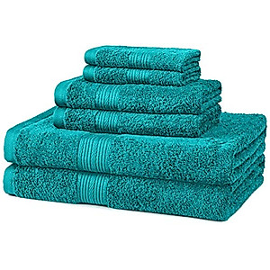 Amazon Basics 6-Piece Fade Resistant Bath towel, Hand and Washcloth Set - Cotton, Teal, 14.25"L x 10.85"W