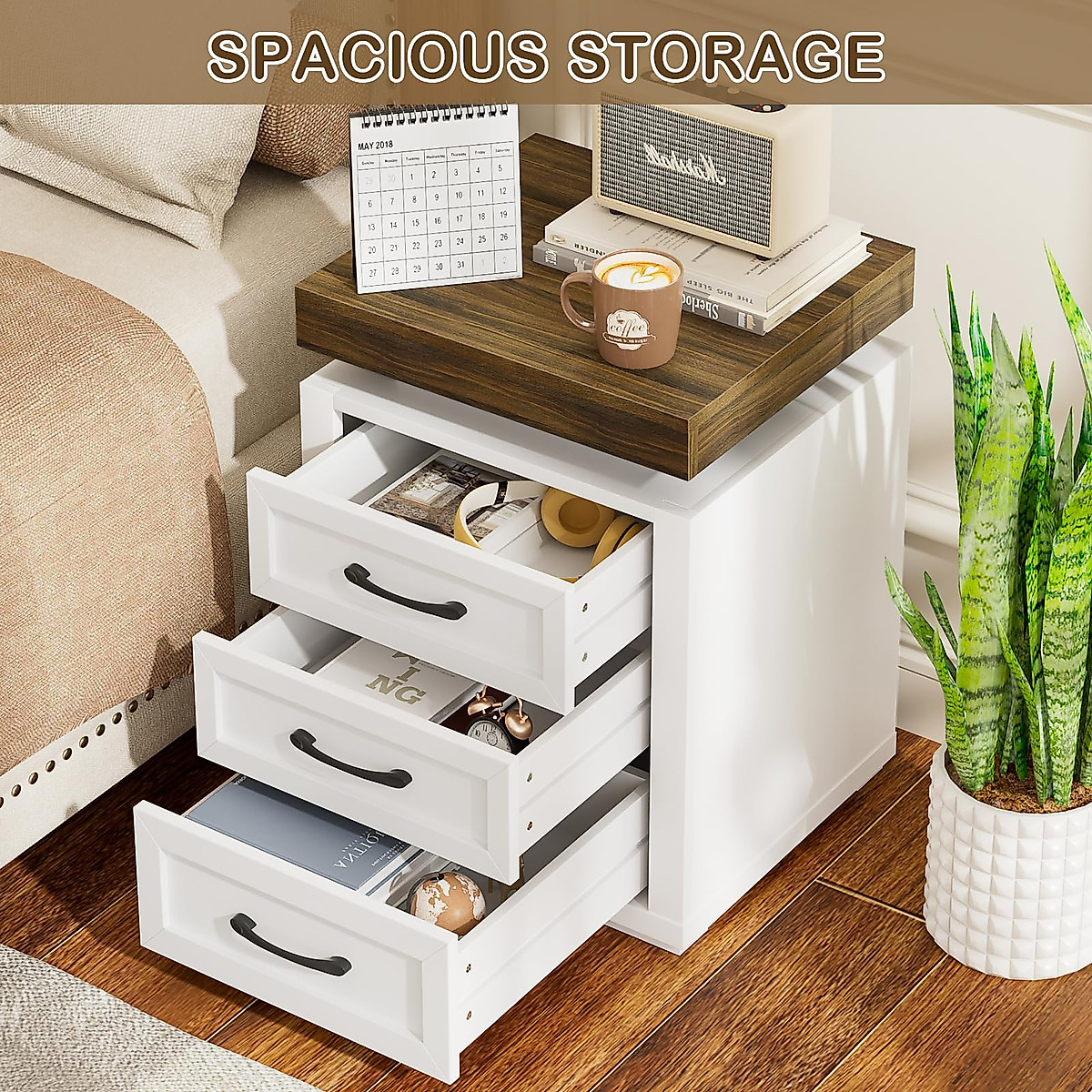 BROTTAR Nightstand with Gun Drawer, Farmhouse LED Bedside Table with Charging Station, Human Sensor, Smart Nightstand with Locking Drawer for Bedroom, Office