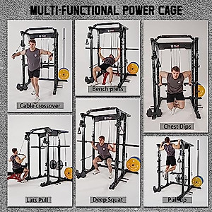MAJOR LUTIE Fitness Power Cage with 245LBS Cast Iron Weight Plates and Olympic Barbell, PLM03 All-in-One Multi-Function Power Rack with Adjustable Cable Crossover System and Exercise Attachment Black