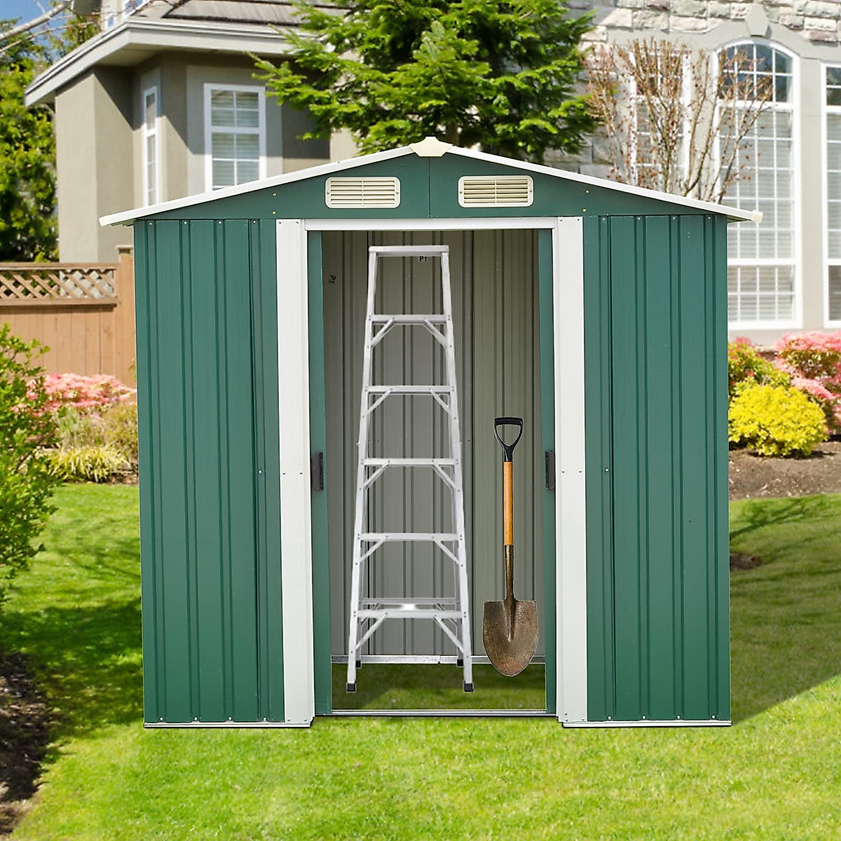 Steel Garden Storage Shed 6' x 4' - Utility Tool House with Vents Garden Storage House Metal Shed for Patio (Green)