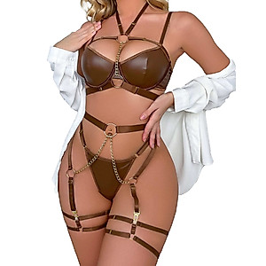 Avidlove Leather Lingerie for Women Lingerie Set Sexy Underwire Push Up Lingerie with Garter and Chain,Coffee Brown,S