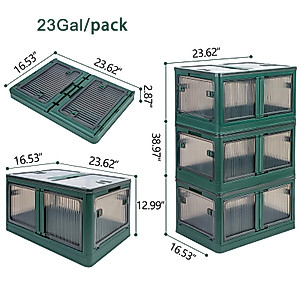 NOCCUR 3 Pack Stackable Storage Bins with Lids - 23Gal Green Plastic Storage Bins - Folding Storage Box - Foldable Plastic Storage Container with Lids and Doors - for Book Storage,Study Room