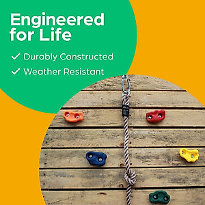 Jungle Gym Kingdom Rock Climbing Holds for Kids - Indoor & Outdoor Rock Wall Climbing Kit with Mounting Hardware, Knotted Rope and 25 Handles - Playground Accessories﻿