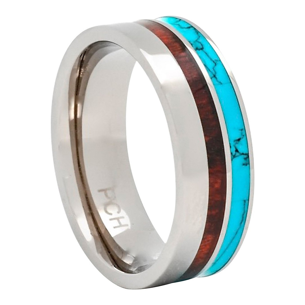 PCH Jewelers Turquoise and Koa Wood Ring set in Titanium High Polish Wedding Bands 8mm Comfort Fit (10)