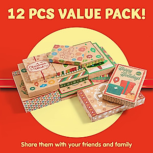 JOYIN 12 Christmas Foil Kraft Gift Boxes with 3 Sizes (Robe, Shirt and Lingerie Boxes) for Xmas Goody Gift Boxes, School Classrooms Party Favors Decoration, Holiday Present Wrap Décor