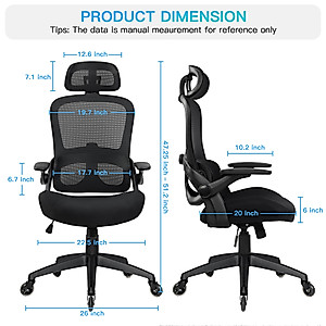 FAMSINGO Ergonomic Mesh Office Chair, High Back Comfortable Desk Chair with Adjustable Lumbar Support, Headrest and Flip-up arms, Wide Memory Foam Seat, Executive Swivel Chair(Black)