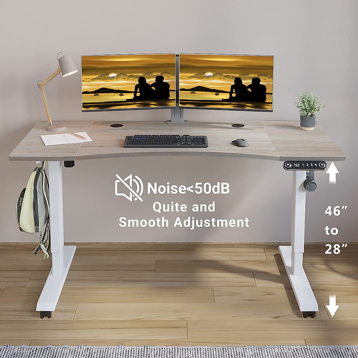 Jceet Adjustable Height Electric Standing Desk - 55 x 30 Inch Sit Stand Computer Desk with Splice Board, Stand Up Desk Table for Home Office, White Frame/Oak Top(with Radian)