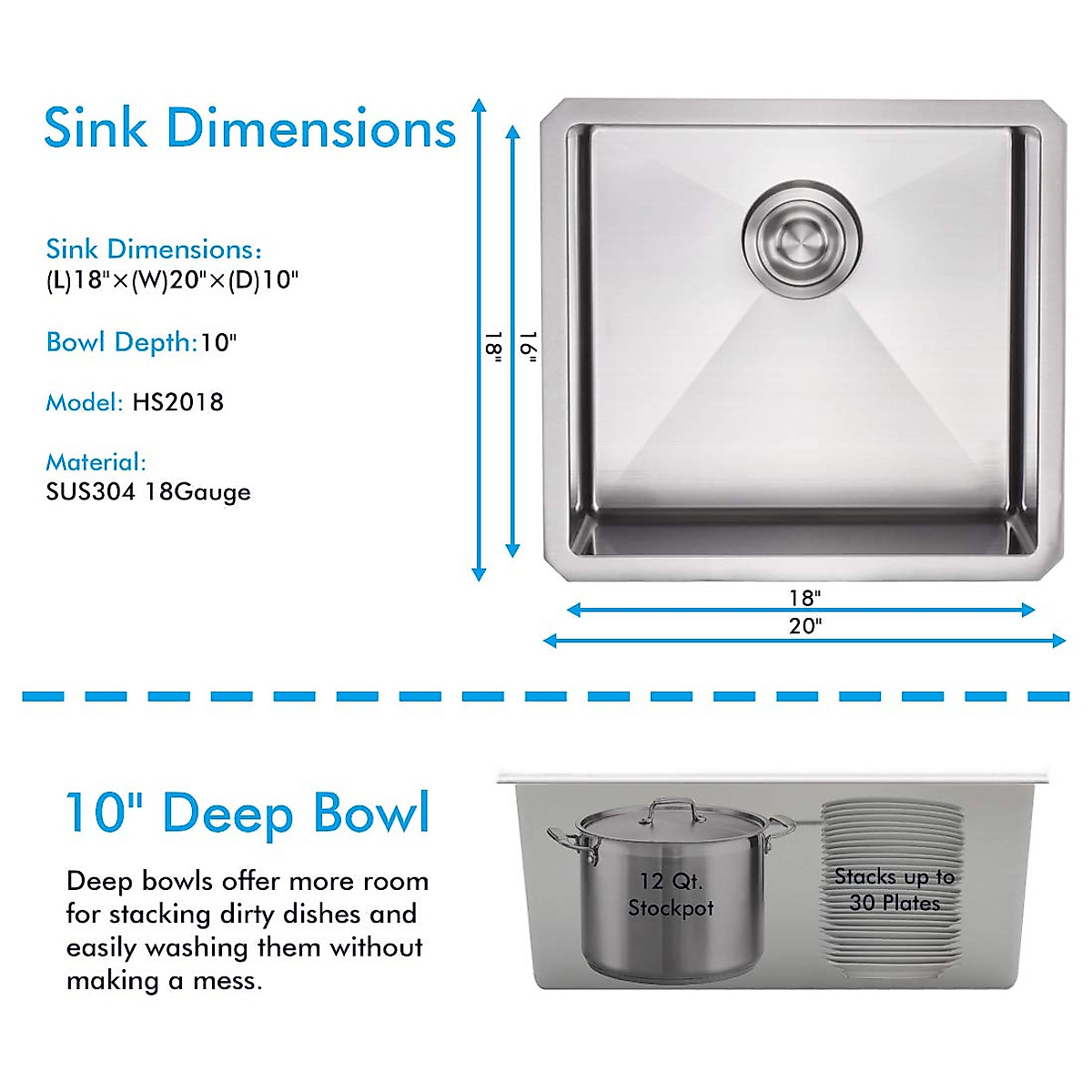 VADANIA 20-inch Kitchen Bar Sink, 20"x18"x10", Single Bowl, Undermount, 18 Gauge T304 Stainless Steel, Satin Finish, with Strainer & Bottom Grid, cUPC listed