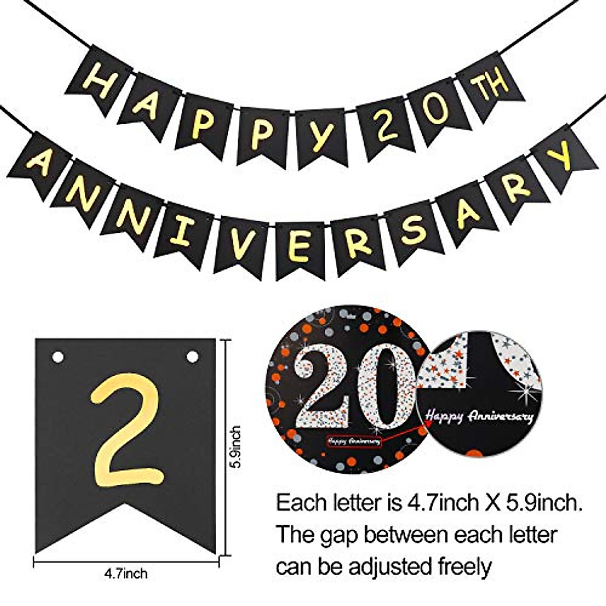Yoaokiy 20th Anniversary Decorations Supplies Kit - Including Glitter Happy 20th Anniversary Banner, 9Pcs Hanging Swirl, 6Pcs Poms - 20th Wedding Anniversary Party Decorations Photo Props…