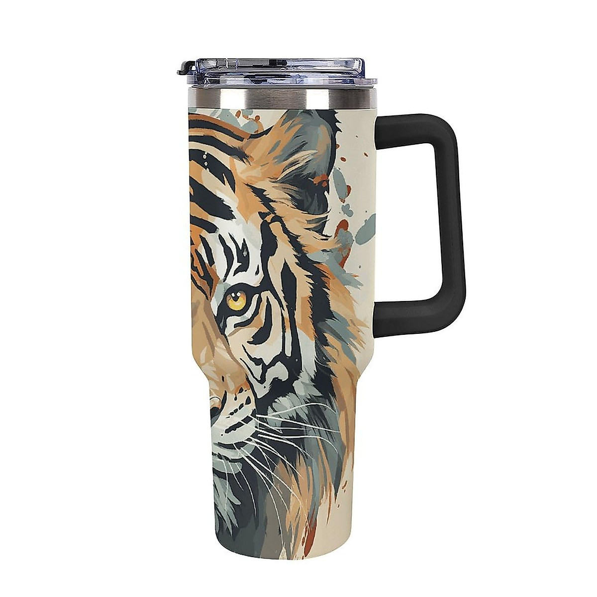 MNVTSKOP 40 Oz Tumbler With Handle And Straw Black Year of The Tiger Tiger Face Printed Stainless Steel Car Cup Coffee Mug Leak Proof Insulated Water Bottle for Travel Camping Gym