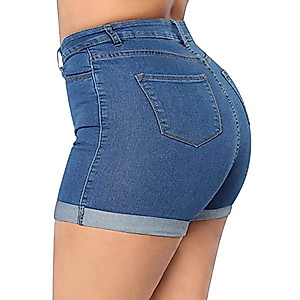 Cuihur Women's Plus Size Summer High Waisted Denim Shorts Folded Hem Casual Jeans Short Dark Blue 14