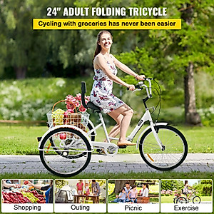 Bkisy Tricycle Adult 24'' Wheels Adult Tricycle 1-Speed 3 Wheel Bikes White for Adults Three Wheel Bike for Adults Adult Trike Adult Folding Tricycle Foldable 3 Wheel Bike for Adults (White)